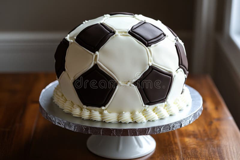 Round Soccer Ball Cake Decorated with Icing Pentagons on a Cake Stand ...
