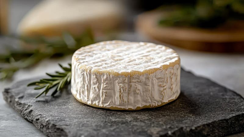 Round Soft Cheese on a Slate with Rosemary Sprig. Stock Image - Image ...