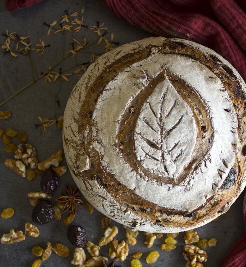Round Sourdough Bread Decorated with Leaf Pattern Stock Photo - Image ...