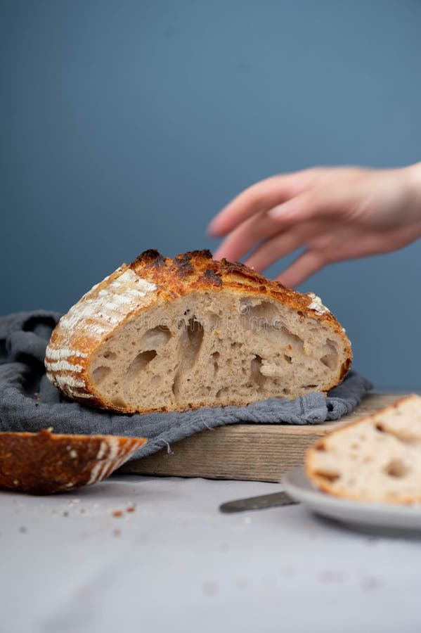 Round Sourdough Bread, Homemade Artisan Sourdough Loaf on Table. Stock Photo - Image of meals ...