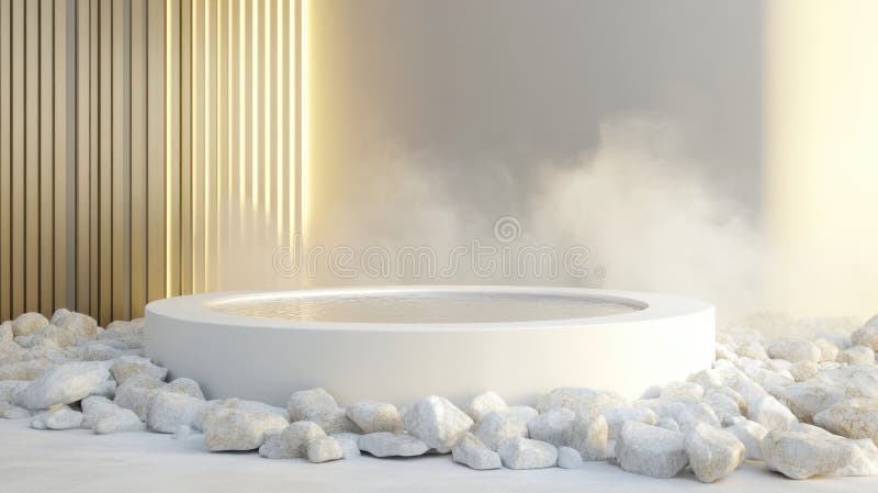 Round Spa Pool Surrounded by Stones in Minimalist Design with Steam and ...