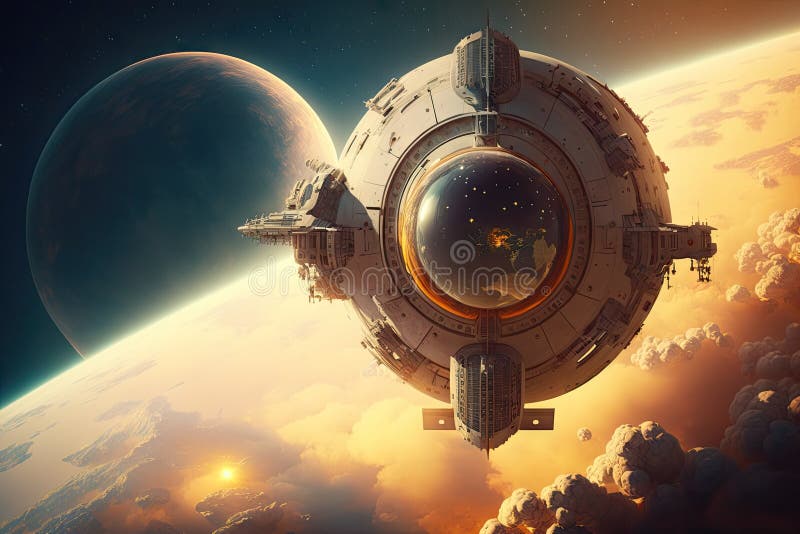 Round Space Station on Planet in Distant Future Futuristic Virtual ...