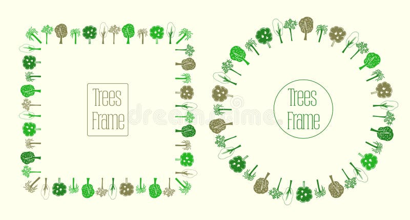 Round and Square Frames Set with Trees, Hand Drawn Vector Stock Vector ...