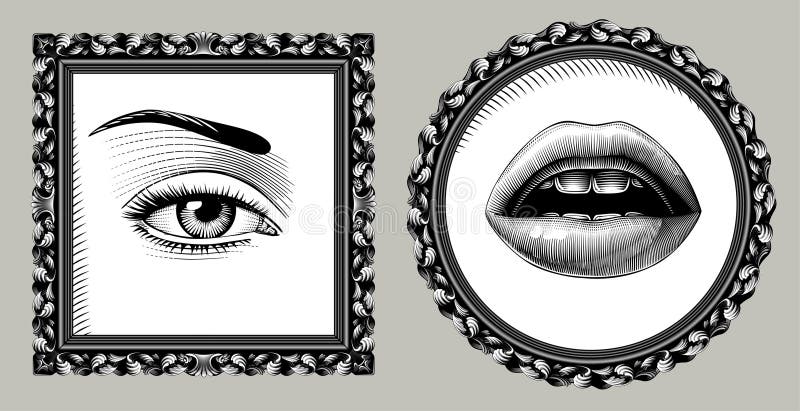 Round and Square Retro Decorative Frames with Vintage Engraved Drawing ...