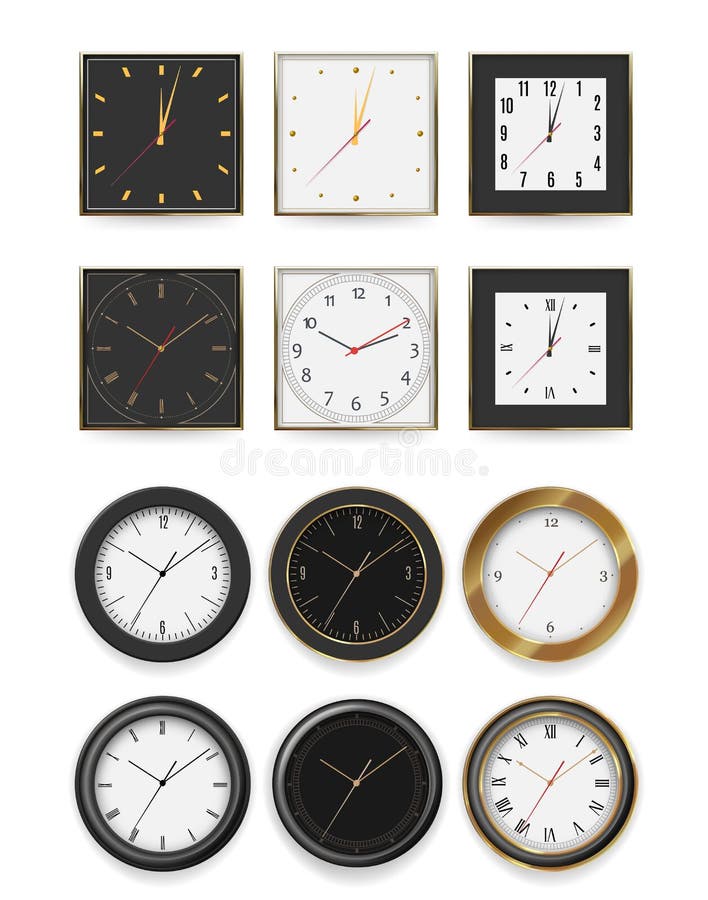 Round And Square Wall Clock Dial Timer Collection Stock Vector ...