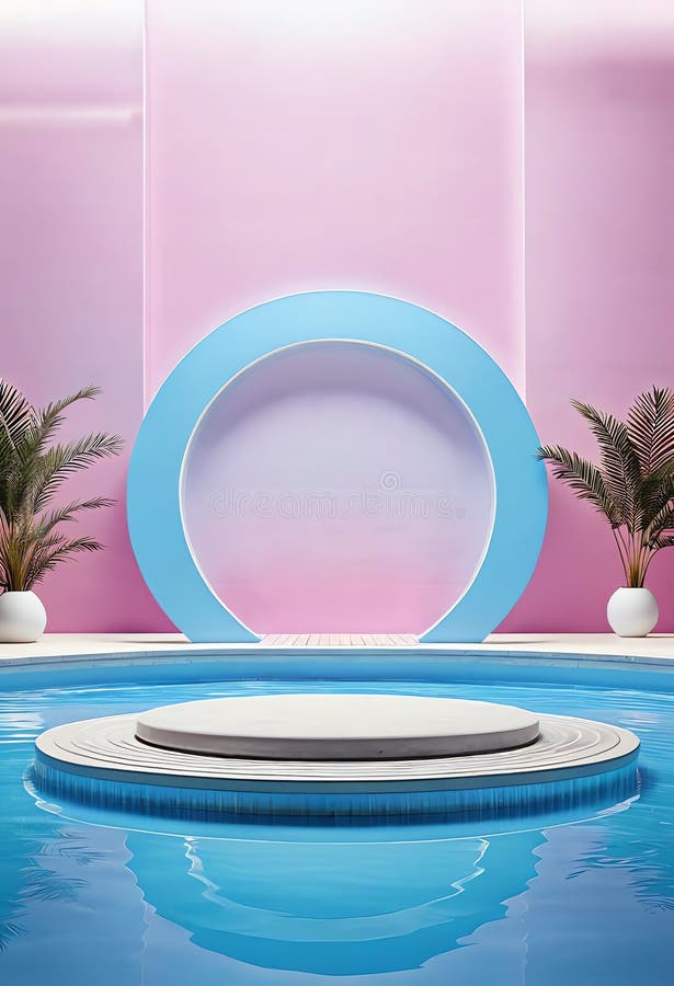 Round Stage Podium for Mockup Showcase on Swimming Pool Stock ...