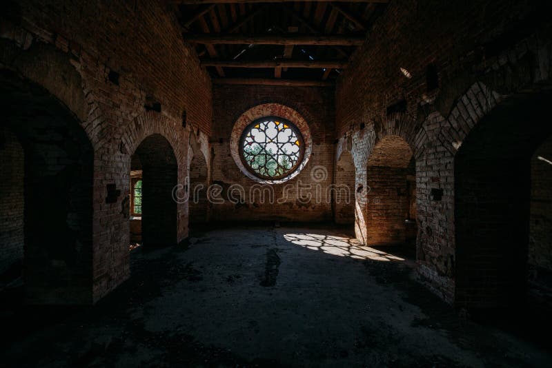 Round Stained Glass Window in Old Abandoned Castle Stock Photo - Image ...