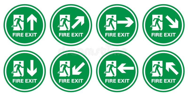 Round Stickers Indicating the Direction of the Fire Exit. Emergency ...
