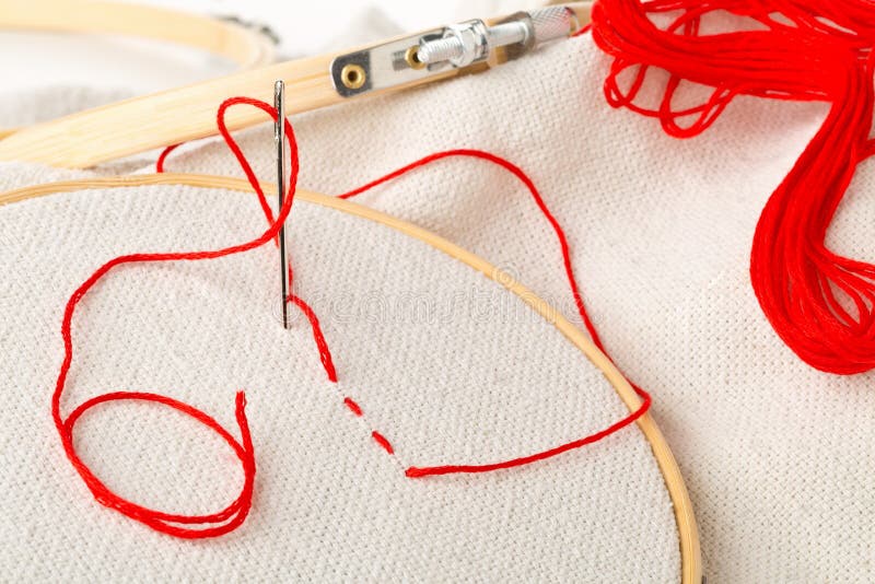 Round Stitching or Embroidery Frame with Red Stitching and Sewing Tools ...