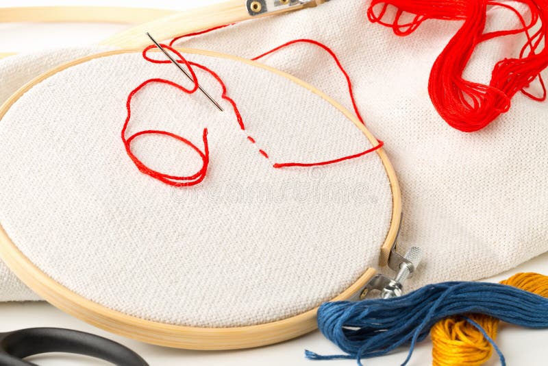 Round Stitching or Embroidery Frame with Red Stitching and Sewing Tools ...