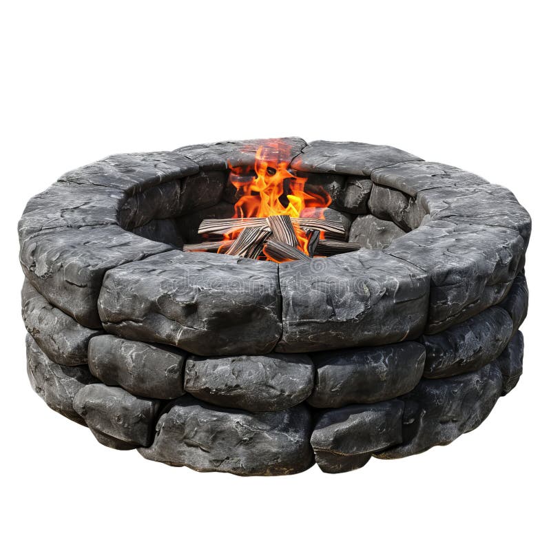 Round Stone Fire Pit Burning with Bright Orange Flames Stock Photo ...
