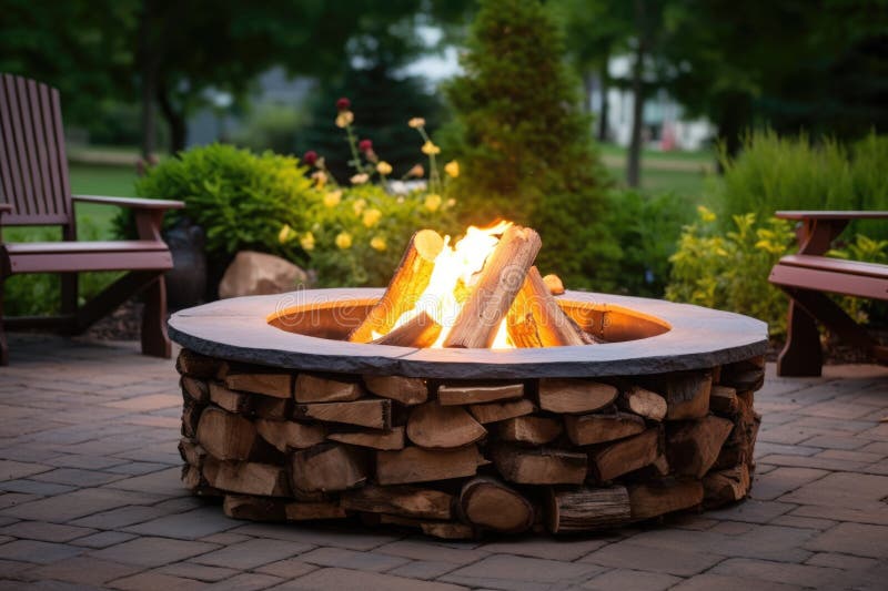 Round Stone Fire Pit with Wood Stacked within Stock Illustration ...