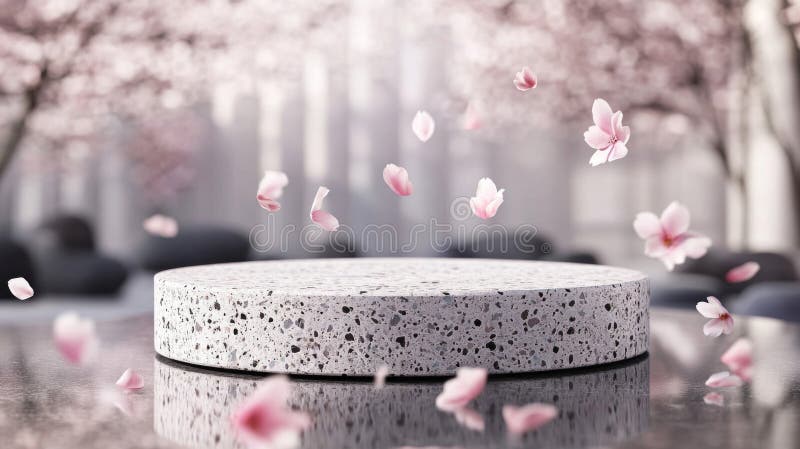 Round Stone Platform with Falling Cherry Blossoms Stock Illustration ...