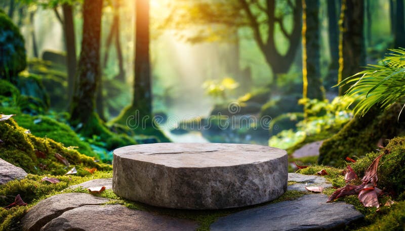 Round Stone Platform in a Lush Green Forest with Sun Rays Filtering ...