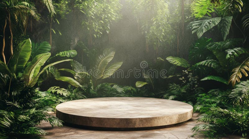 Round Stone Platform in Lush Tropical Jungle Setting Stock Illustration ...