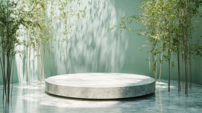 Round Stone Platform in a Minimalist Green Garden Setting Stock ...