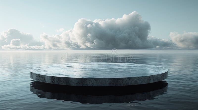 Stone Platform Floating on Calm Ocean Water with Cloudy Sky Stock ...