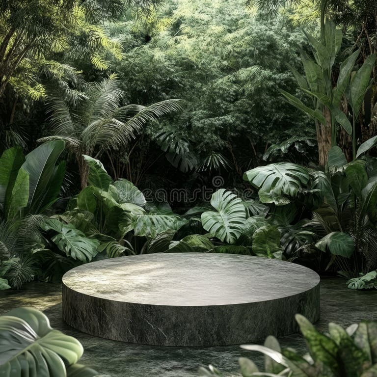 Round Stone Platform in Tropical Jungle. 3D Rendering. Computer Digital ...