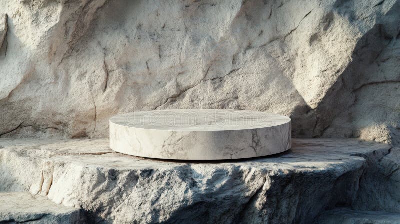 Round Stone Podium on Cracked Rock Platform, Smooth and Rugged Contrast ...