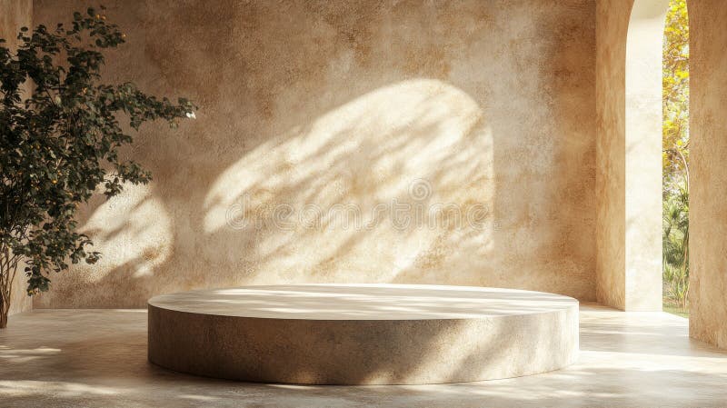 Round Stone Podium Display in Sunlit Beige Room Stock Illustration ...