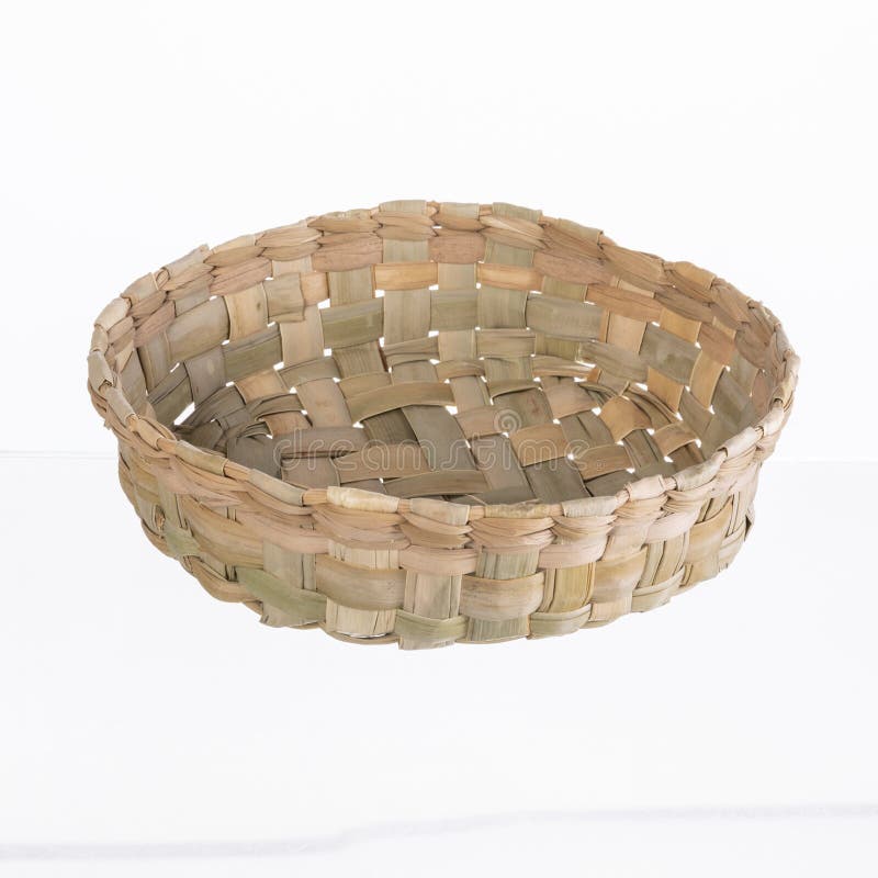 Round Straw Craft Basket on White Background Stock Image - Image of ...
