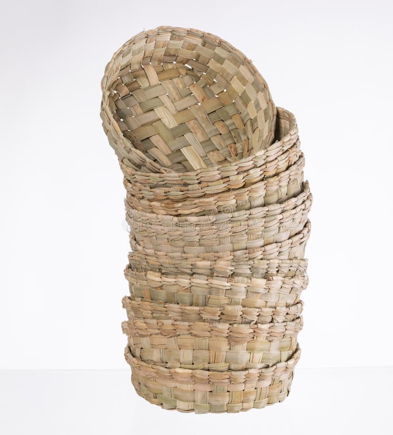 Round Straw Craft Basket on White Background Stock Image - Image of ...