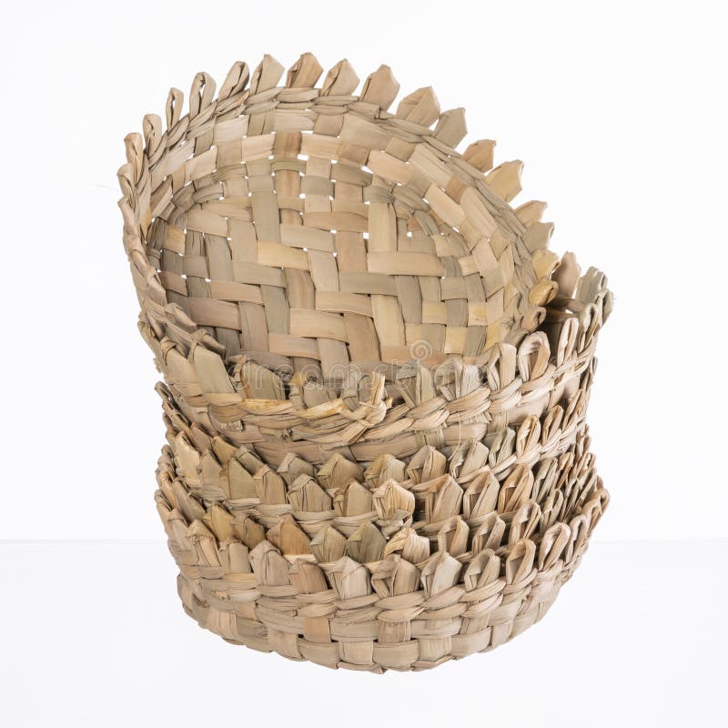Round Straw Craft Basket on White Background Stock Photo - Image of ...