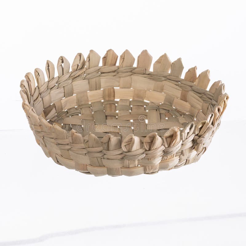 Round Straw Craft Basket on White Background Stock Image - Image of ...