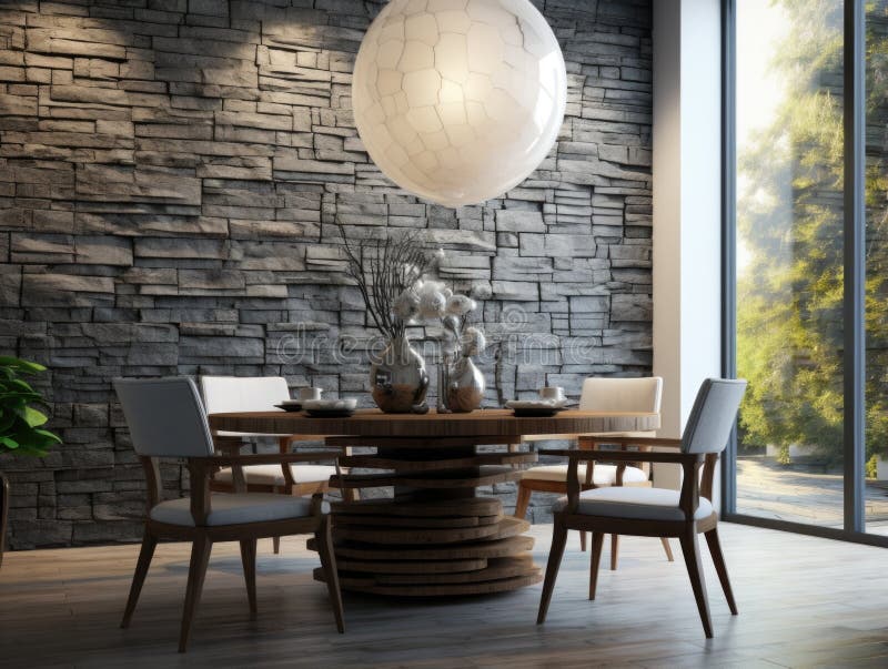 Round Table Against of Stone 3d Panel Wall. Interior Design of Modern ...
