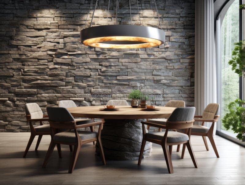 Round Table Against of Stone 3d Panel Wall. Interior Design of Modern ...