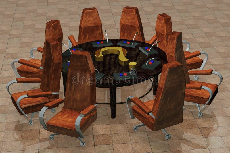 Round Table with Chairs Around. There is a Question Mark on the Table ...