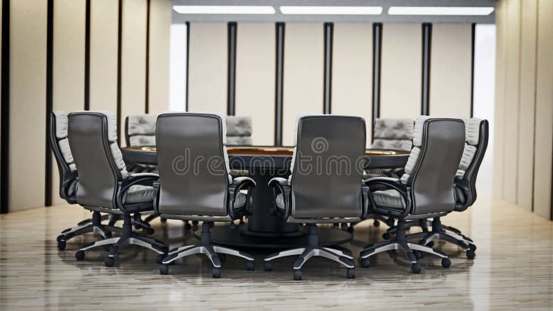 Round Table and Chairs Inside Boardroom. 3D Illustration Stock Image ...