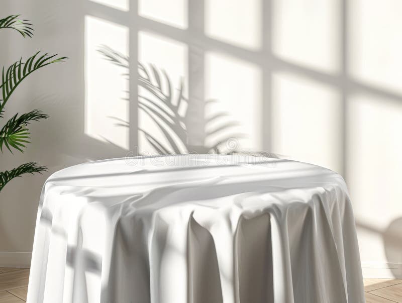 Round Table Covered with Blank Clean White Tablecloth in Minimalist ...