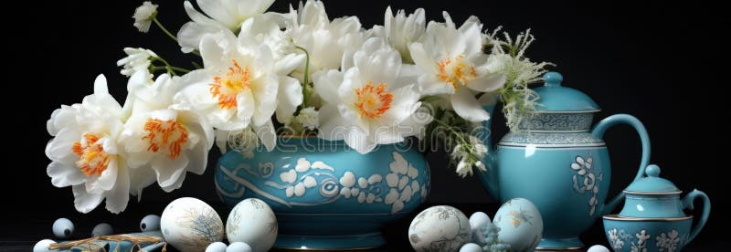 A Round Table Covered with Eggs, Peonies, Easter Treats, Stock Image ...