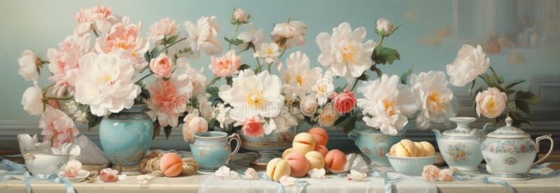 A Round Table Covered with Eggs, Peonies, Easter Treats, Stock Photo ...
