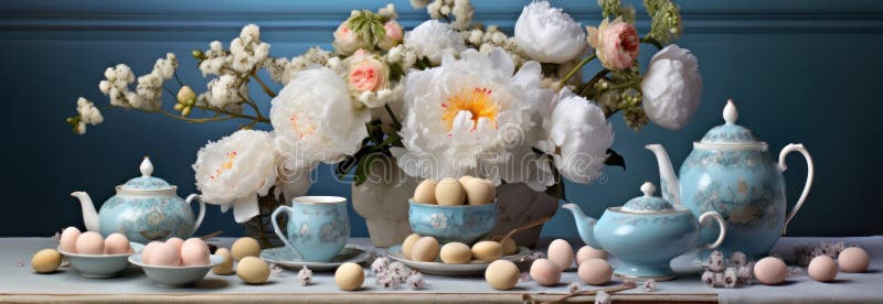 A Round Table Covered with Eggs, Peonies, Easter Treats, Stock Photo ...