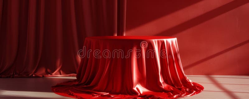 Round Table Covered with Red Silk Fabric, Red Background. Elegant and ...