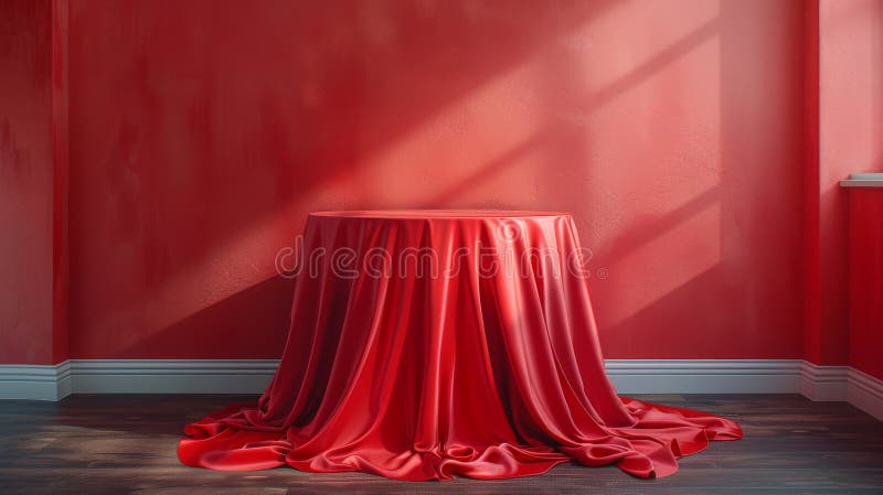 Round Table Covered with Red Silky Cloth in a Sunlit Room, Minimalist ...