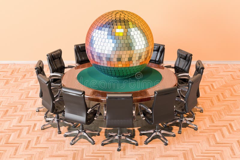 Round Table with Disco Ball and Armchairs Around, 3D Rendering Stock ...