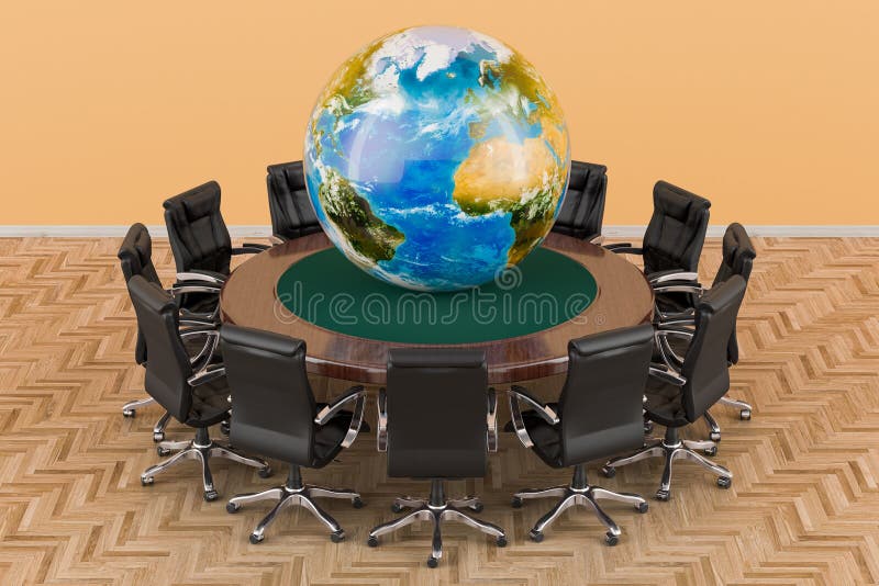 Round Table with Earth Globe and Armchairs Around, 3D Rendering Stock ...