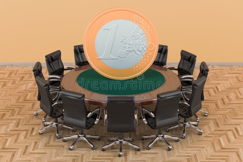 Round Table with Euro Coin and Armchairs Around, 3D Rendering Stock ...