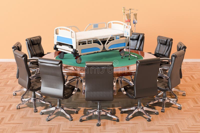 Round Table with Hospital Cot and Armchairs Around, 3D Rendering Stock ...