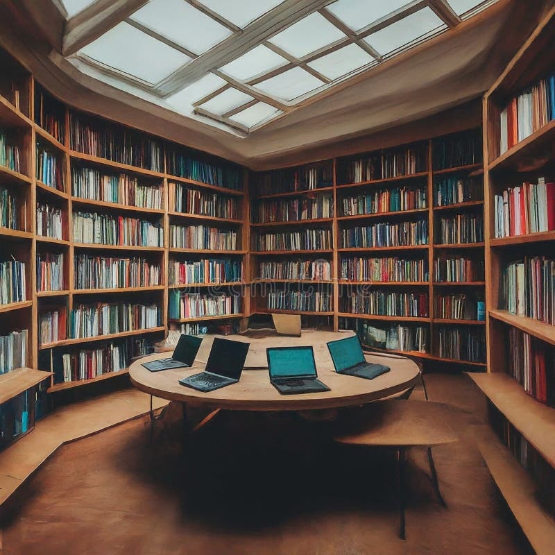 Round Table in a Library with Several Laptops on it Stock Image - Image ...