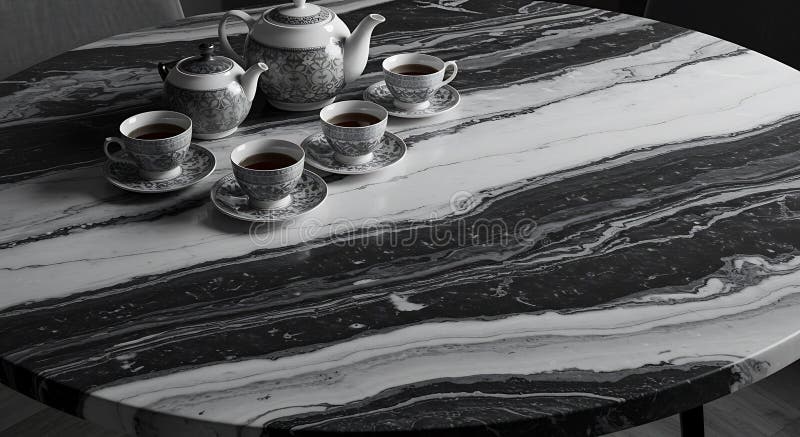 Round Table with a Marble-like Pattern Featuring Layered Black and ...