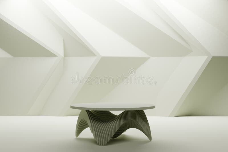Round Table with Organic Form Standing Against Abstract Geometry Wall ...