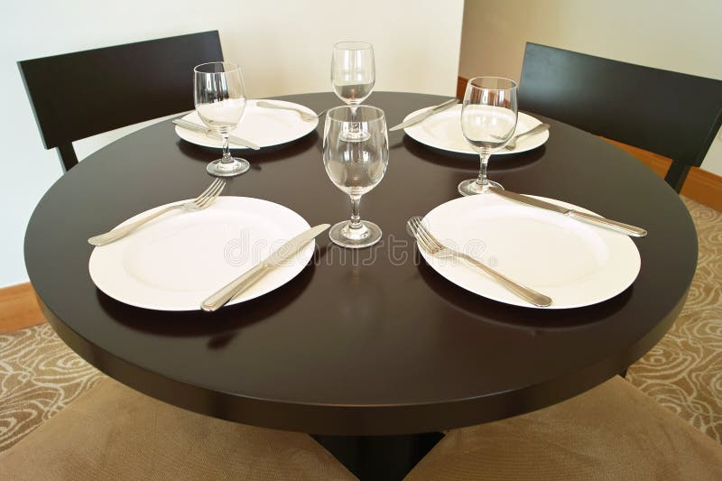 Round Table with Plates & Glass Stock Image - Image of four, silver ...