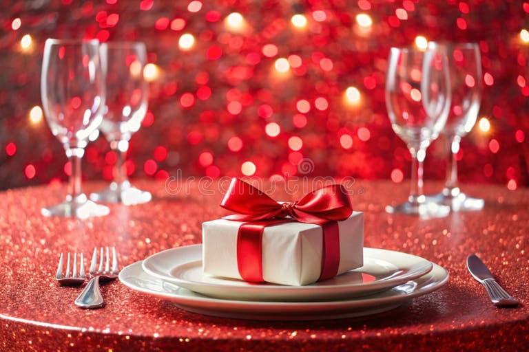 Round Table Setting with Gift Box on Red Glittering Background Stock ...