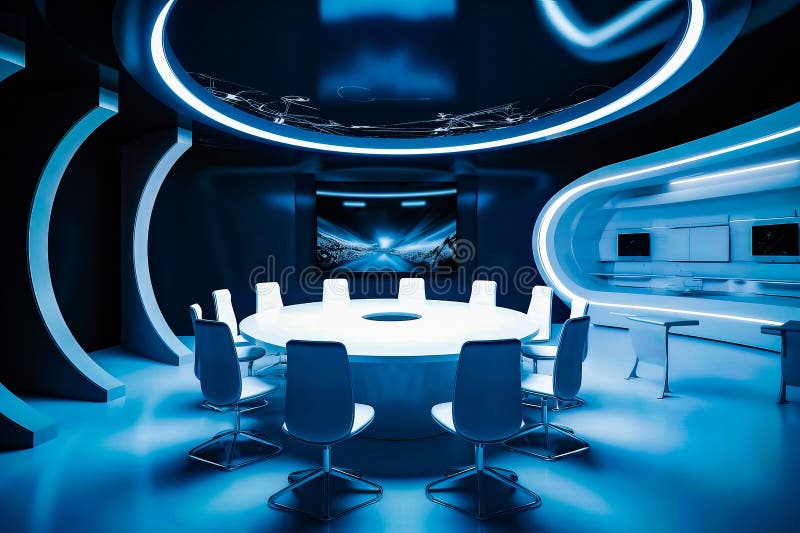 Round Table Surrounded by Chairs in Room with Large Screen on the Wall ...