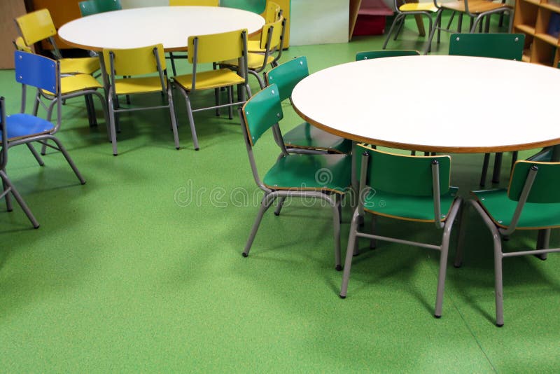 Round Tables in Primary School Stock Photo - Image of empty, desk ...