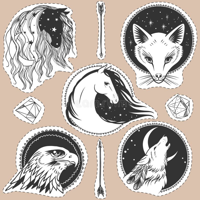Round Templates with Animals. Horses, Fox, Wolf, Eagle Stock Vector ...
